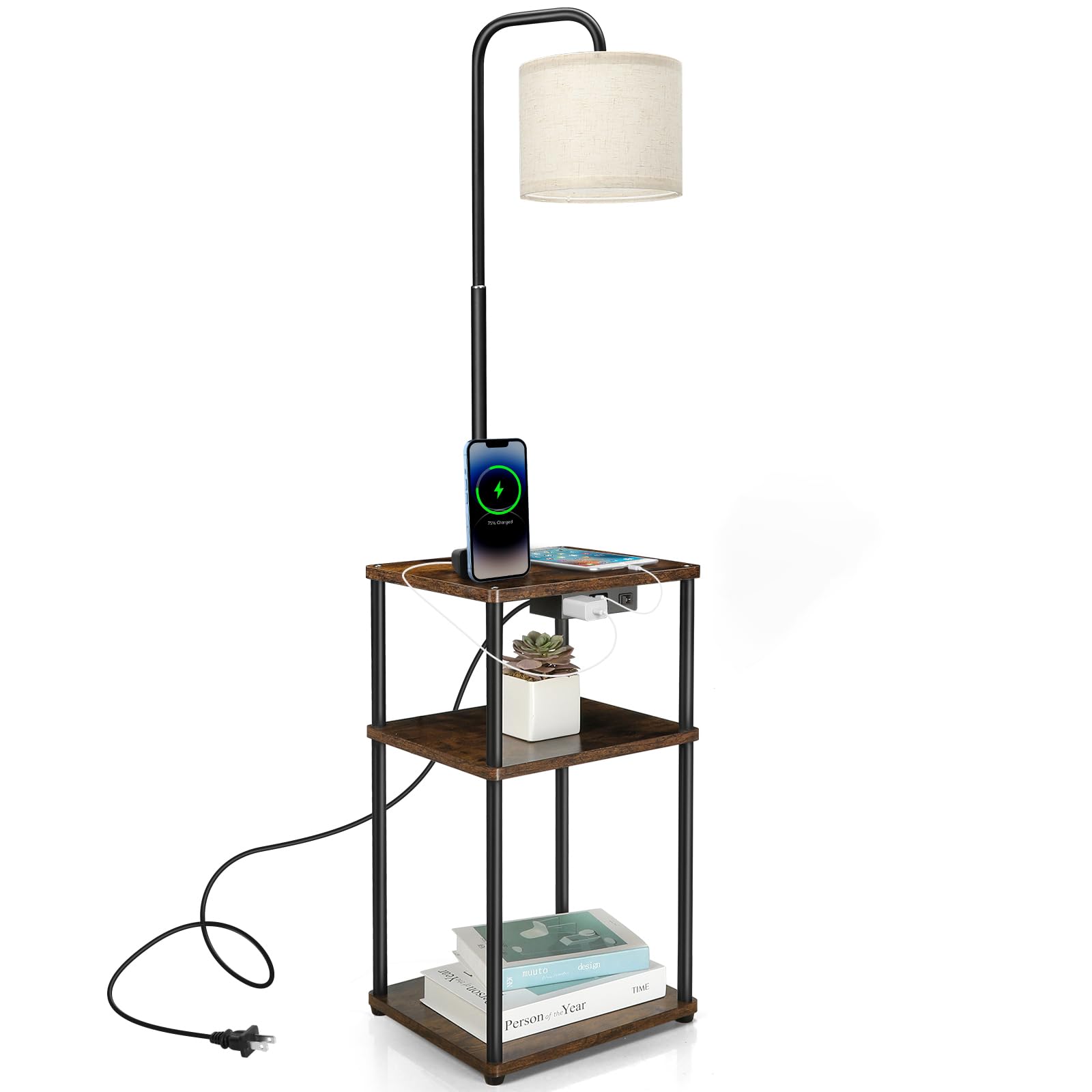 Hitish Floor Lamp with Table, Rustic End Table Lamp with USB Charging Port, Power Outlet & Shelves, Side Table Reading Light with Adjustable Color Temperatures & Brightness for Bedroom, Living Room