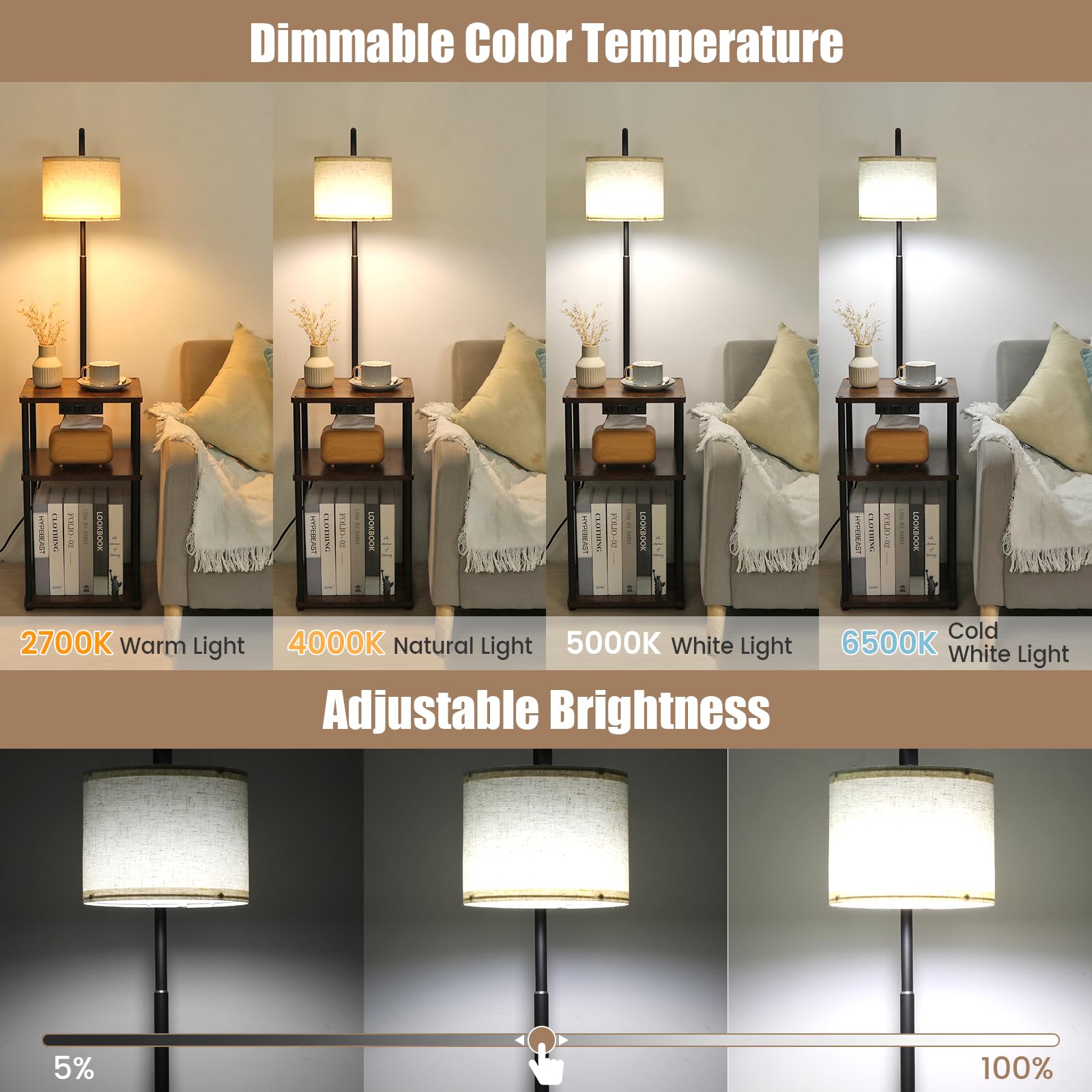 Hitish Floor Lamp with Table, Rustic End Table Lamp with USB Charging Port, Power Outlet & Shelves, Side Table Reading Light with Adjustable Color Temperatures & Brightness for Bedroom, Living Room