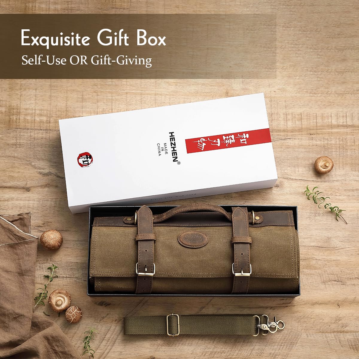 HEZHEN Chef Knife Roll Bag 16oz Oil Waxed Canvas, Heavy Duty Portable Backpack Knife Case Storage, 12 Slots & 2 Zipper Pockets, Detachable Adjustable Leather Shoulder Strap Belt（Not Included Knives）