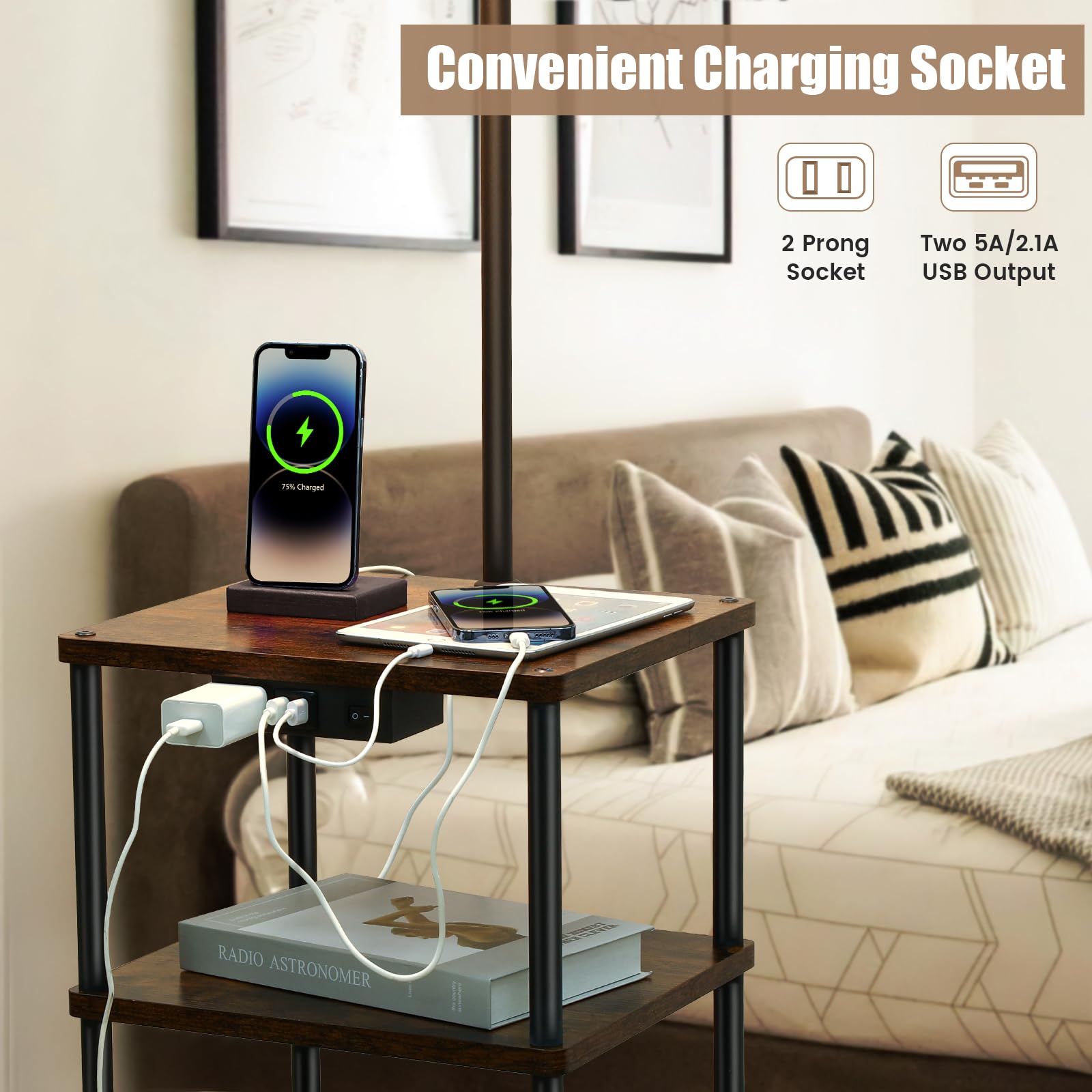 Hitish Floor Lamp with Table, Rustic End Table Lamp with USB Charging Port, Power Outlet & Shelves, Side Table Reading Light with Adjustable Color Temperatures & Brightness for Bedroom, Living Room