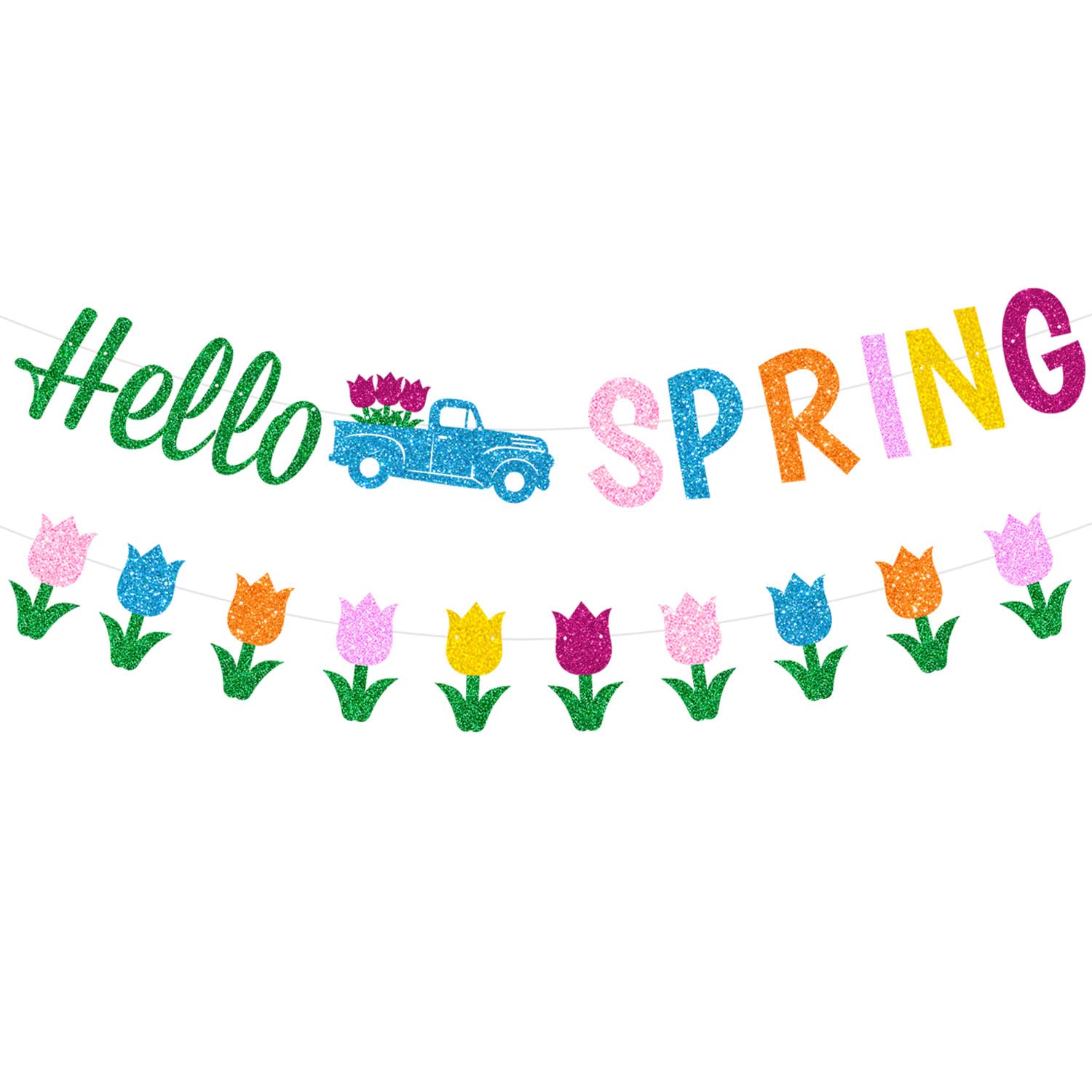 JKQ Glitter Hello Spring Banner with Tulip Truck Signs and Colorful Glittery Tulips Banner Hello Spring Tulips Flowers Garland Banner Spring Easter Birthday Party Fireplace Mantle Decorations