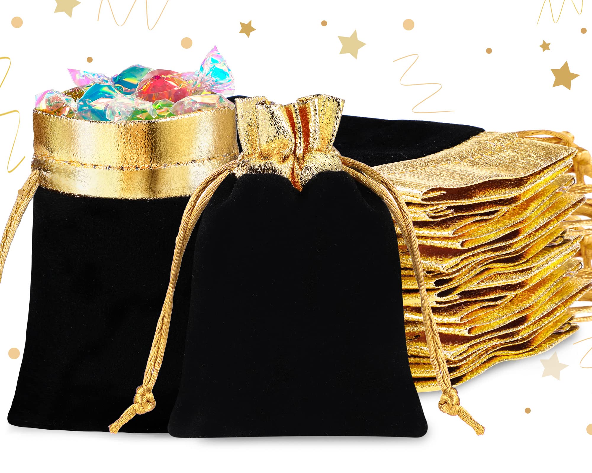 80 Pieces Velvet Bags with Drawstrings Soft Velour Jewelry Pouch Sacks Candy Gift Packaging Pouch Bag for Graduation Wedding Christmas Birthday Party Supplies, 2.8 x 3.5 Inch (Black, Gold)