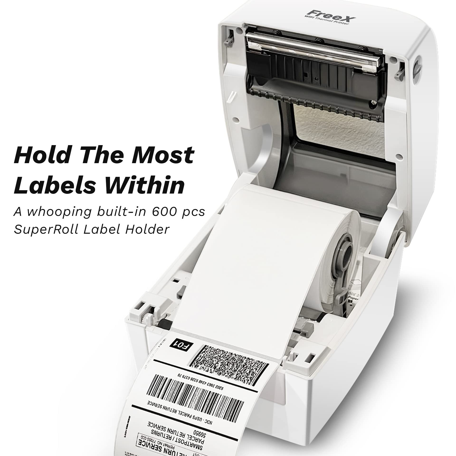 FreeX WiFi SuperRoll Thermal Printer for 4x6 Shipping Labels | White, Wireless Shipping Labels Printer | Works with Zebra, Brother, Dymo Labelwriter 4XL, Rollo, Munbyn, MFlabel, Comer, Polono Labels