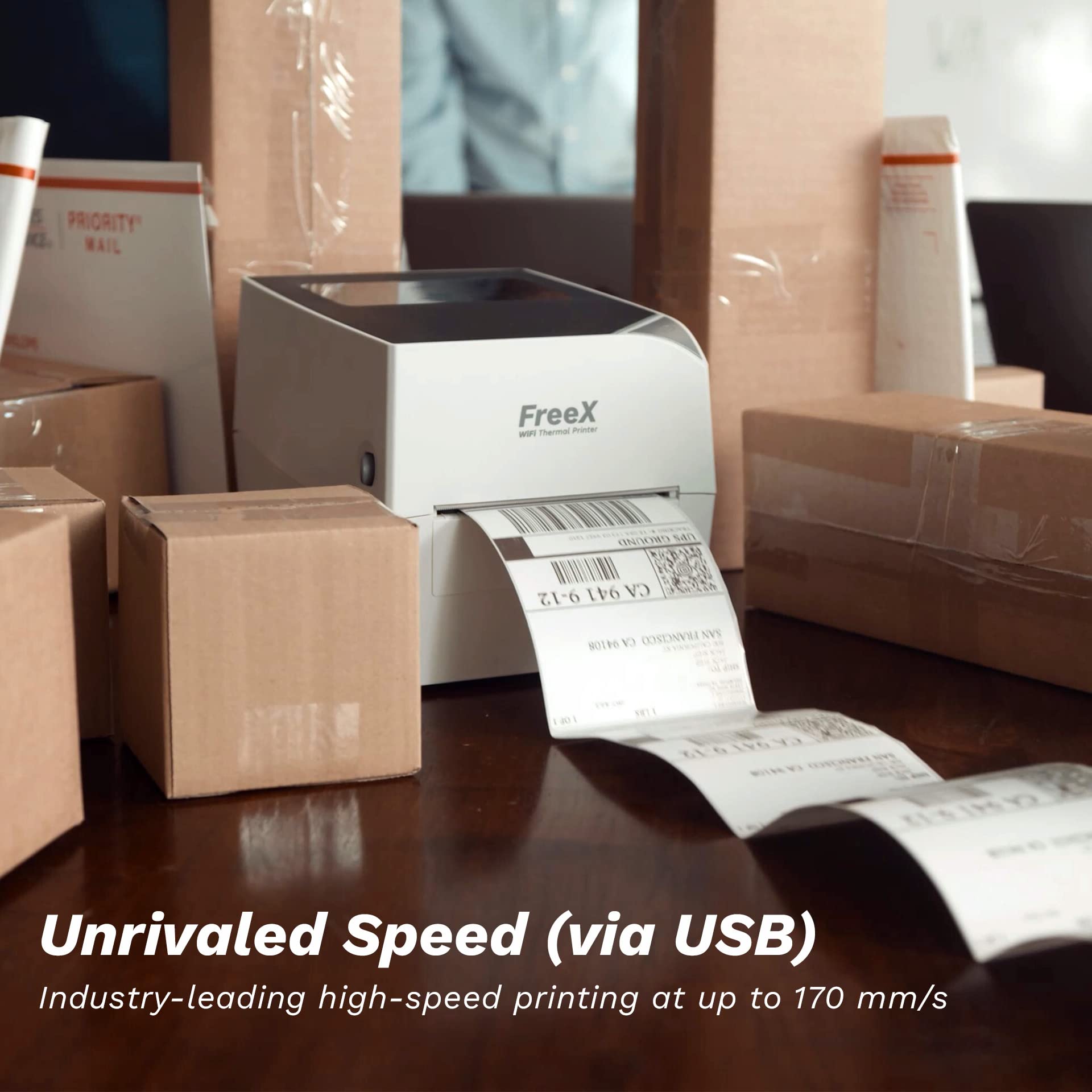 FreeX WiFi SuperRoll Thermal Printer for 4x6 Shipping Labels | White, Wireless Shipping Labels Printer | Works with Zebra, Brother, Dymo Labelwriter 4XL, Rollo, Munbyn, MFlabel, Comer, Polono Labels