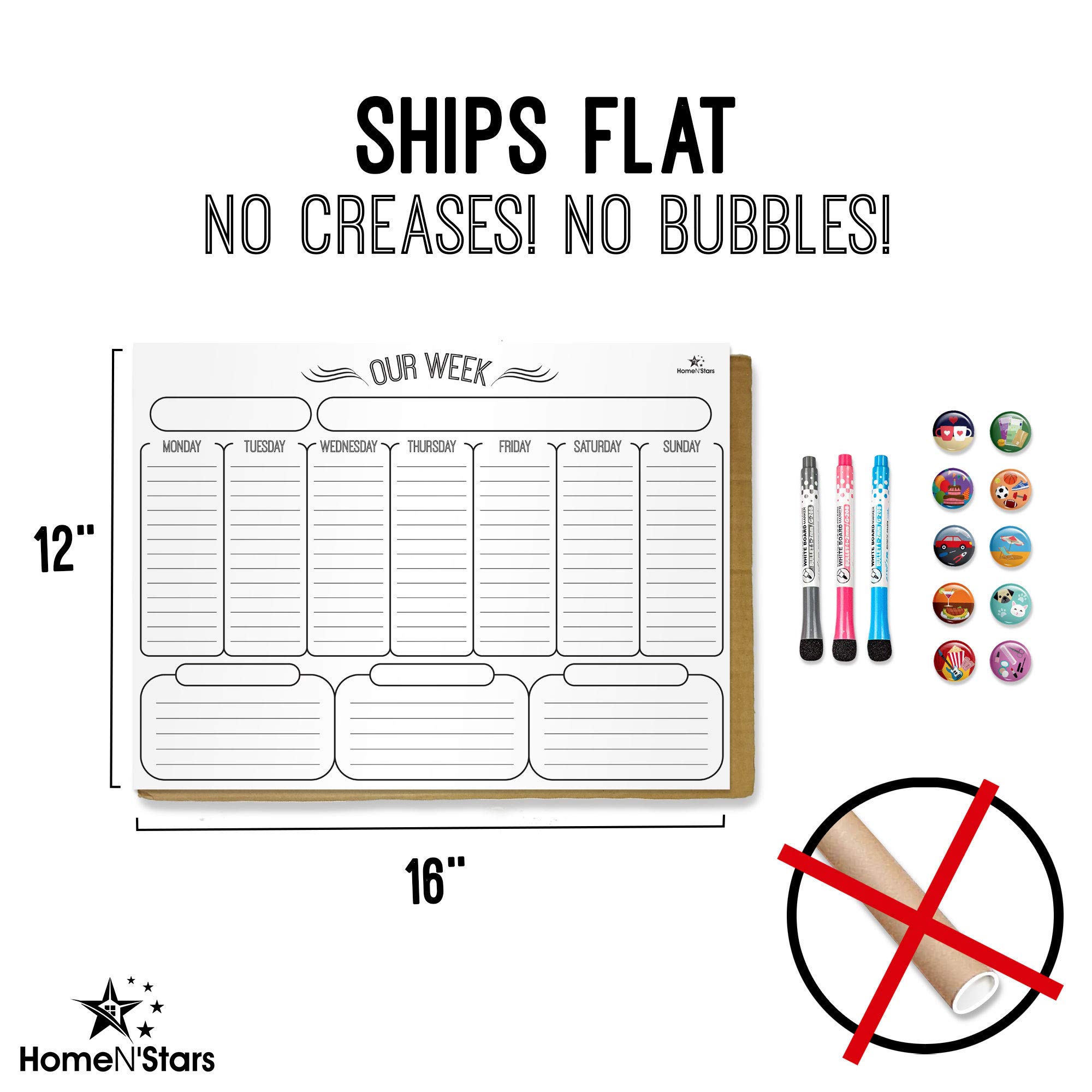 Magnetic Weekly Dry Erase Board Calendar Whiteboard - Magnetic Weekly Planner for Refrigerator - Stain Resistant Nano Technology - 3 Fine Tip Markers and Eraser, 10 Highlight Icons 16inchX12inch