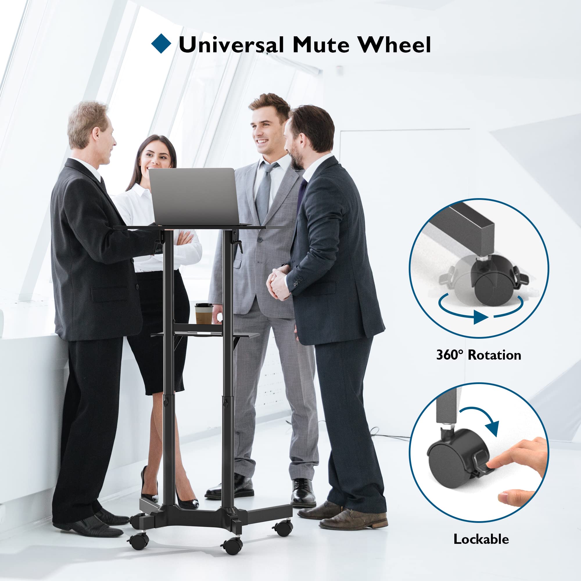 BONTEC Lecterns & Podiums Portable Mobile Standing Laptop Desk, Sit Stand Desk with Wheels, Height Adjustable Home Office Classroom Pulpit Stand Up Desk Workstation, Rolling Table Laptop Cart with Storage Tray, Black