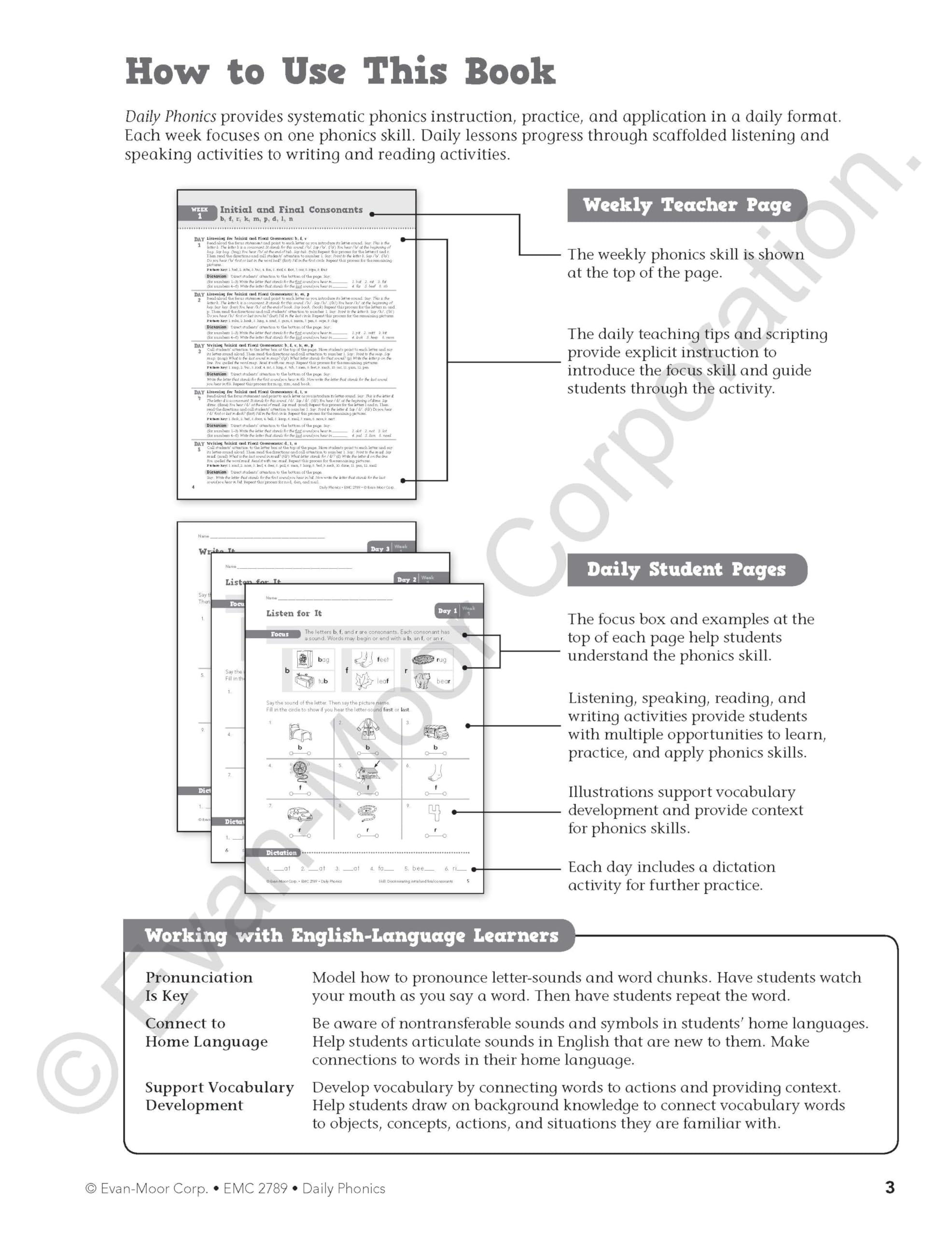 Evan-Moor Daily Phonics, Grade 3, Homeschooling & Classroom Resource Workbook. Phonemic Awareness, Decoding, Word-Study, Teaching Editions, Reproducible Worksheets