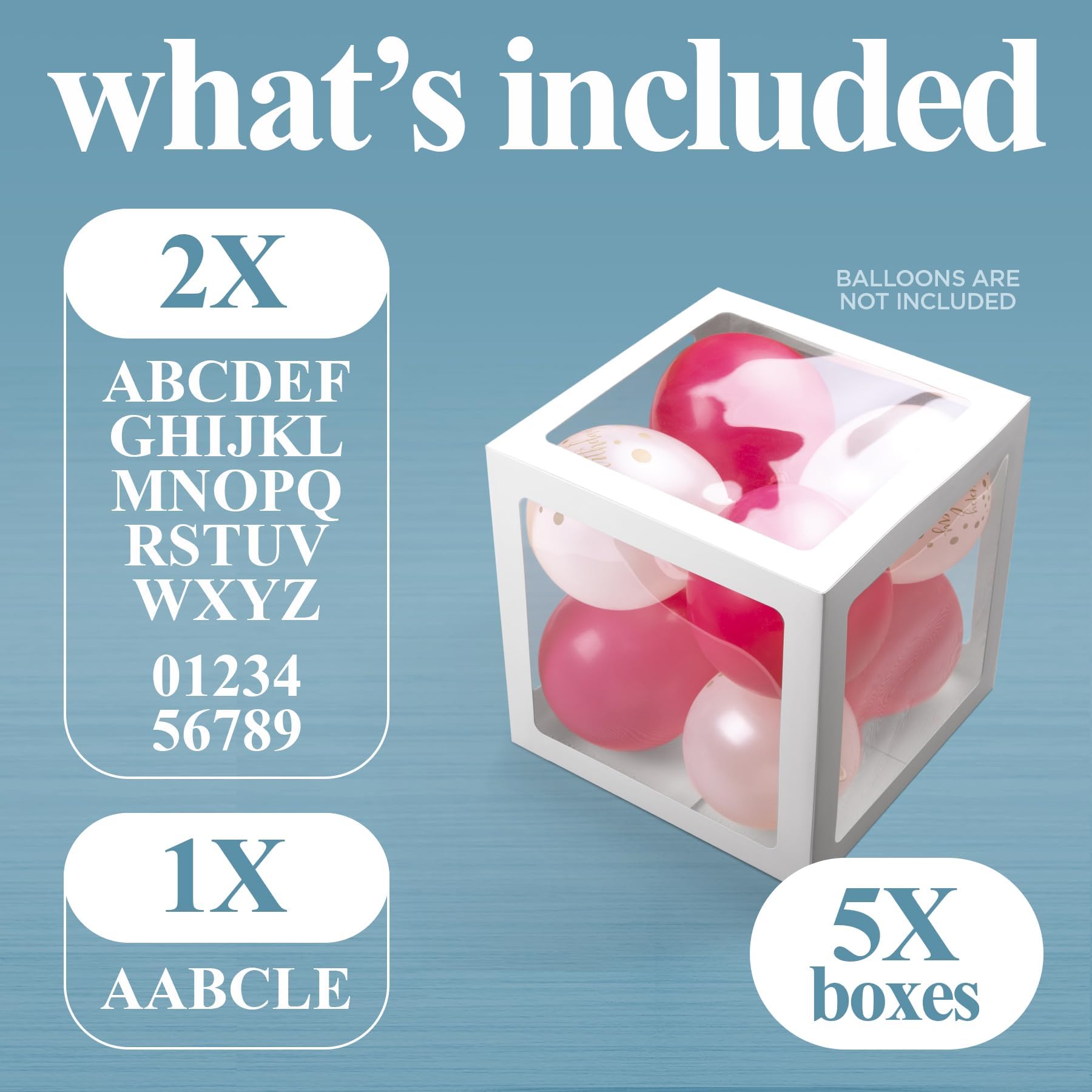 Balloon Box Decorations (5 White Boxes) | 52 Letters (2-Sets of A-Z) for Custom NAME, Birthday Party, Baby Shower Decor, Gender Reveal Decorative Blocks