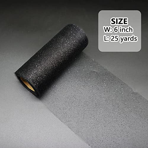 Ableme Deco Black Glitter Tulle Fabric Rolls, 6 Inch by 25 Yards (75 feet) Ribbon Spool Sparkle Sequin Tulle for Tutu Gift Wrapping Wedding Bow Decoration Party Supplies (Black)