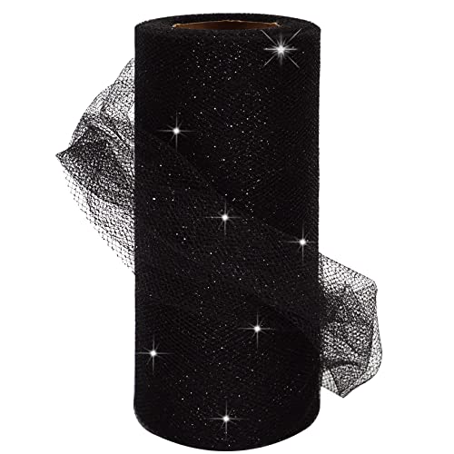 Ableme Deco Black Glitter Tulle Fabric Rolls, 6 Inch by 25 Yards (75 feet) Ribbon Spool Sparkle Sequin Tulle for Tutu Gift Wrapping Wedding Bow Decoration Party Supplies (Black)