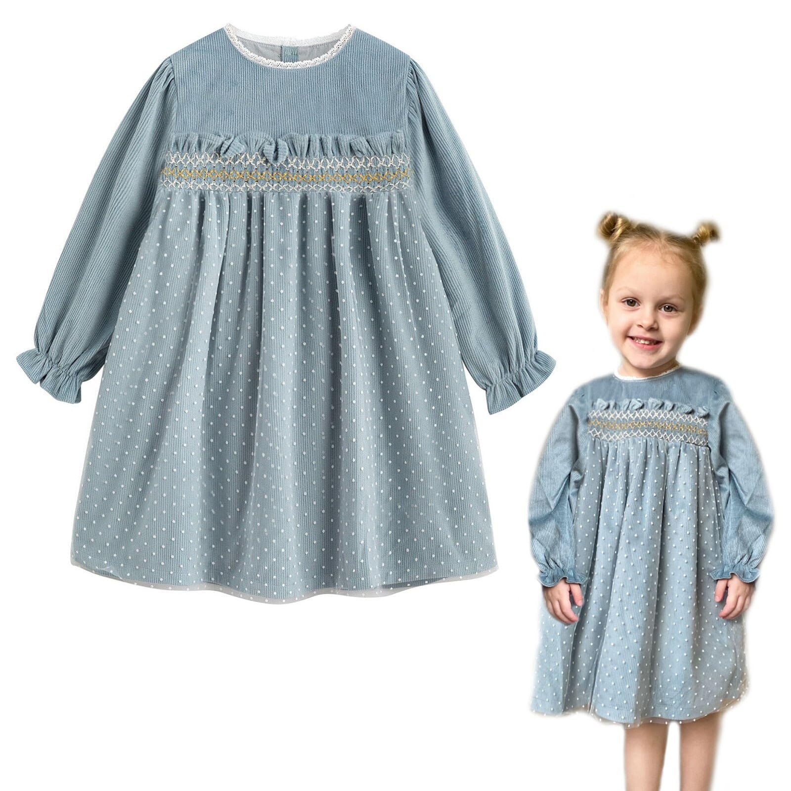Curipeer Baby Girls Long Sleeve Lace Dress Smock Toddler Velvet Tulle Dress for Autumn and Spring Blue 12 Months