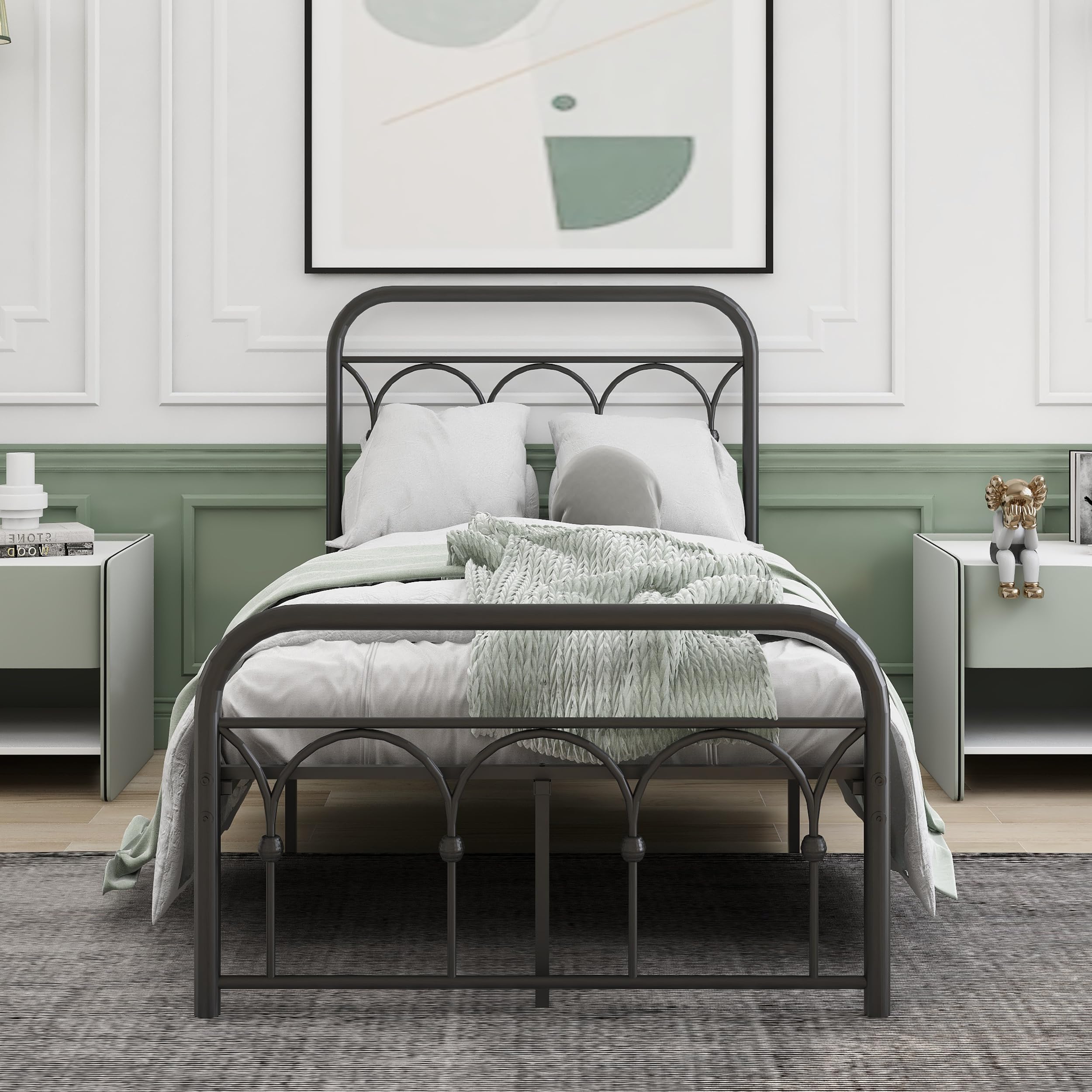 alazyhome Twin Size Bed Frame with Vintage Headboard and Footboard Metal Platform Mattress Foundation Sturdy Steel Slat Support No Box Spring Needed Black