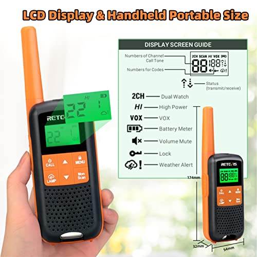 Retevis RT49 Walkie Talkies Rechargeable,IP65 Waterproof Two Way Radios for Adults, NOAA VOX Flashlight 1200mAh AA Battery, Long Range 2 Way Radio for Outdoor Hiking Camping Skiing(2 Pack)