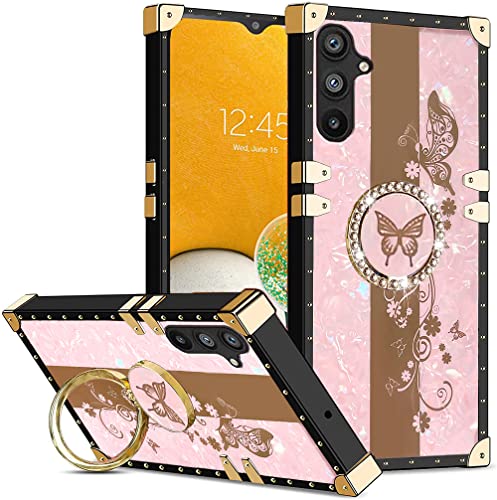 B-wishy for Samsung Galaxy A13 5G Phone Case, Glitter Crystal Butterfly Heart Floral Slim TPU Bling Diamond Rhinestone Cute for Girls Women with Ring Stand+Strap for Galaxy A13 5G(HD Pink)