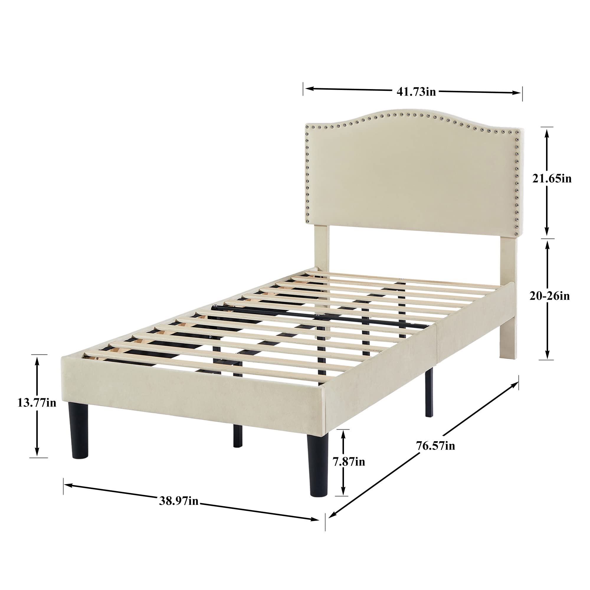 VECELO Twin Bed Frame Platform Bed Frame with Upholstered Headboard, Strong Frame and Wooden Slats Support, Strong Weight Capacity, Non-Slip and Noise-Free, Easy Assembly,Beige