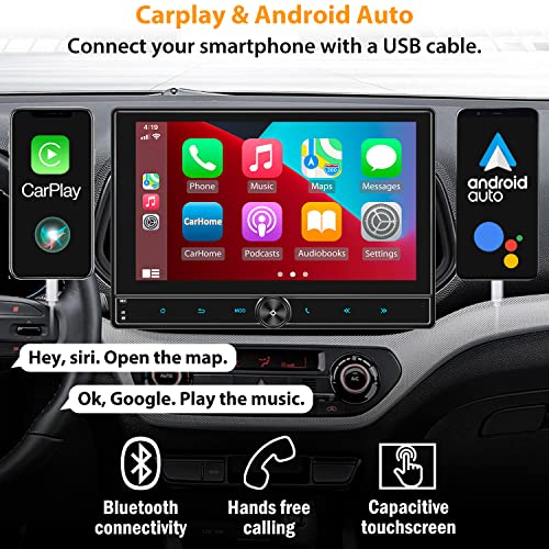 Trumsey Adjustable and Detachable 10.5" HD IPS Large Screen Single Din Car Stereo, CarPlay, Android Auto, Bluetooth Audio, Steering Wheel, Subw, Mirror Link, FM/AM Car Radio, Rear Camera, USB/SD/AUX