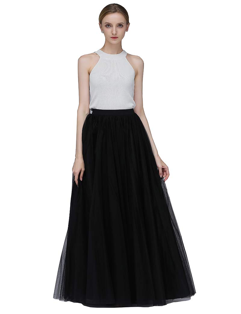 EllieHouse A Line Long Maxi Bridesmaid Tulle Skirt for Wedding Evening Party P68 Black L