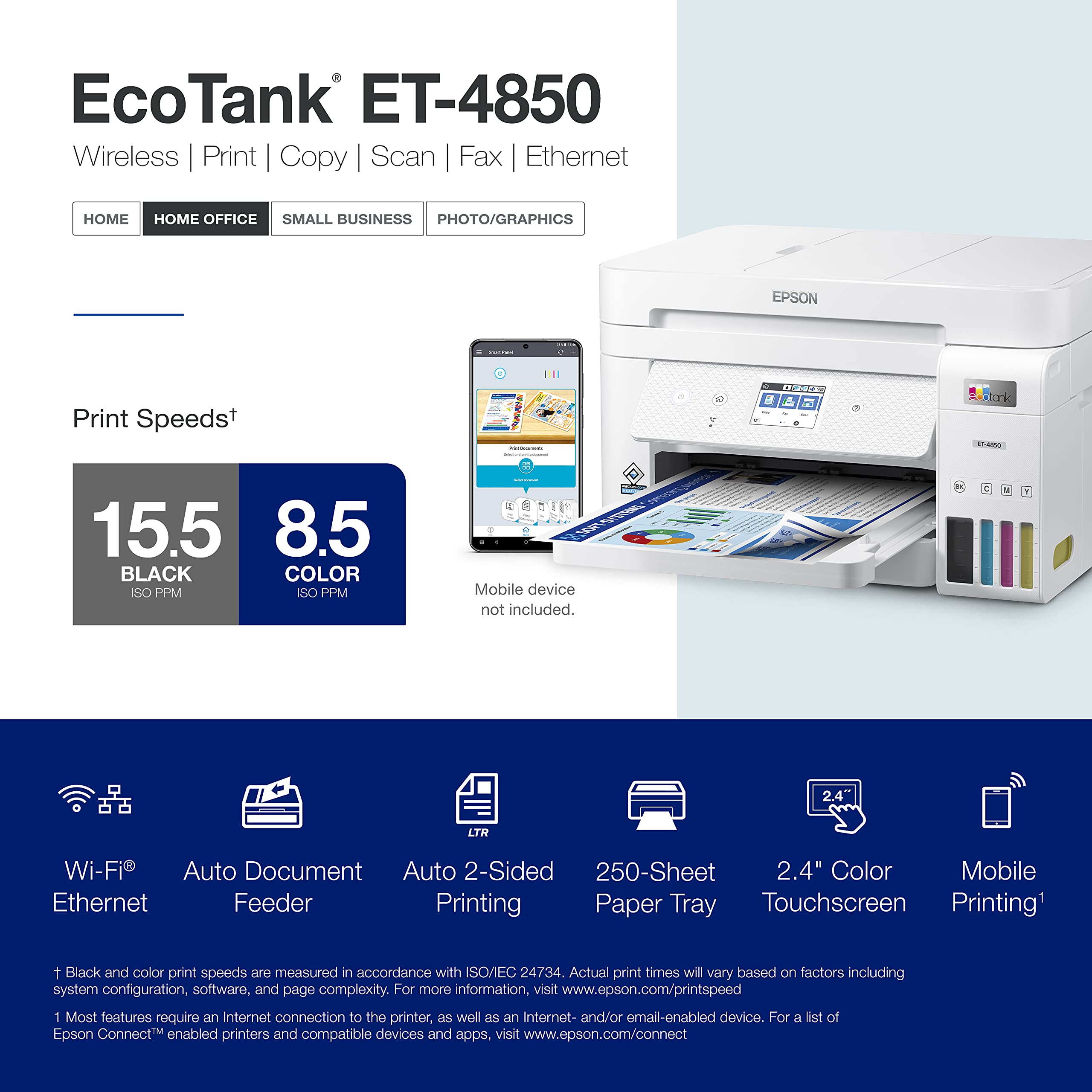 Epson EcoTank ET-4850 Wireless All-in-One Cartridge-Free Supertank Printer with Scanner, Copier, Fax, ADF and Ethernet (Renewed/Refurbished)