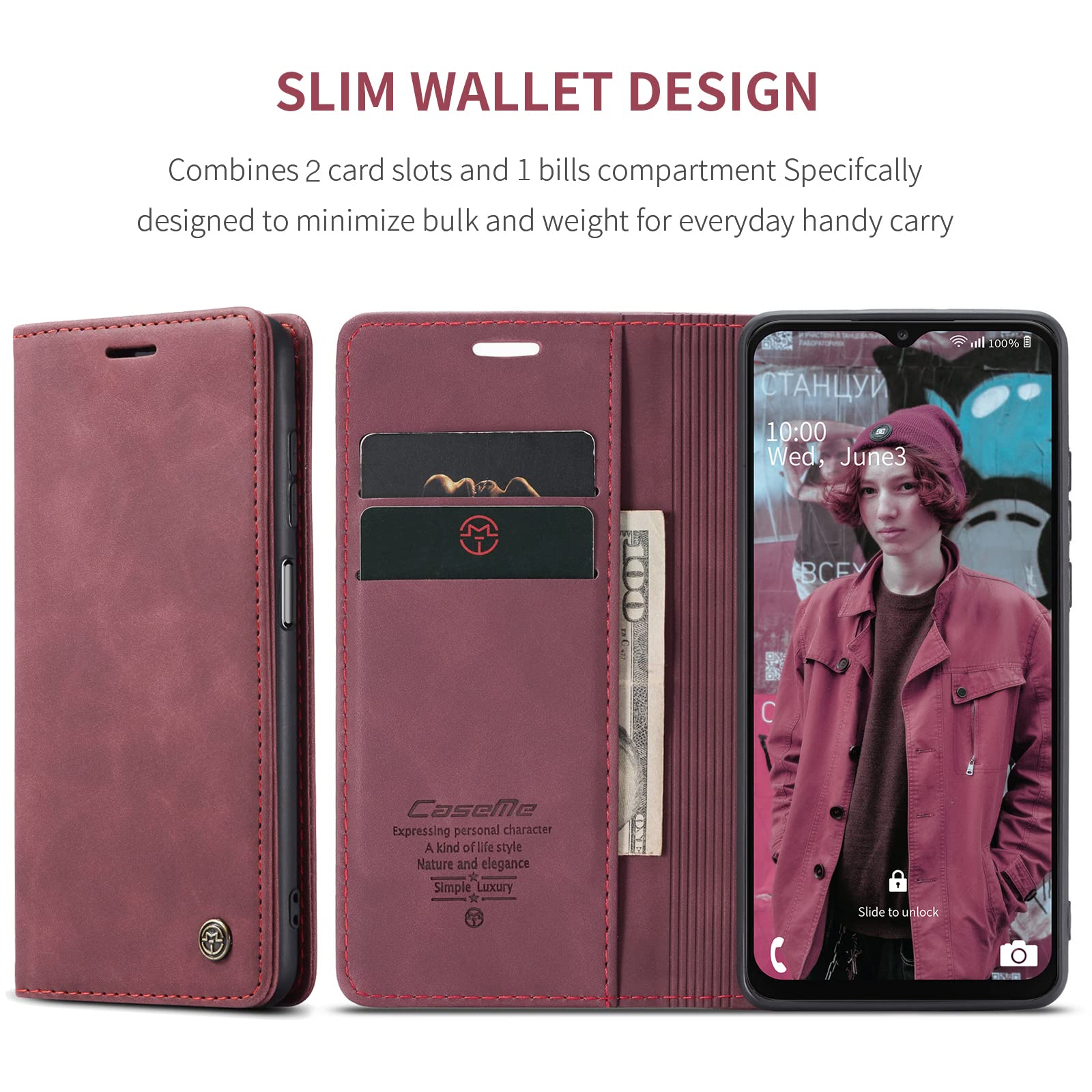 FCOZCKLOM Compatible with Samsung Galaxy A23 Wallet Phone Case with Card Holder Kickstand Protective Flip Folio Leather Case Wallet for Samsung Galaxy A23 6.6 inch (Wine Red)
