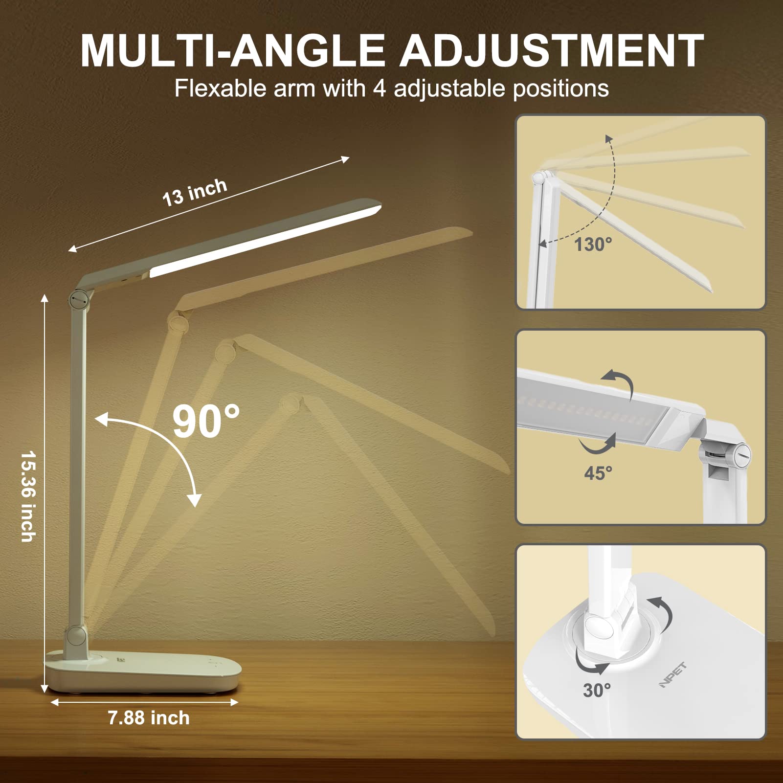 NPET Led Desk Lamp, Eye-Caring LED Lamp with Stepless Brightness,Touch Control,Adjustable Arm,Desk Light for Home,Office,Study,Reading,Dorm Essentials