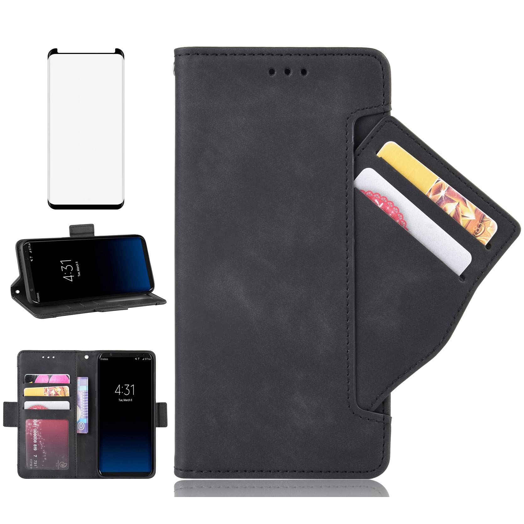 Asuwish Phone Case for Samsung Galaxy S8 Plus with Tempered Glass Screen Protector Cover and Cell Accessories Card Holder Slot Kickstand Flip Wallet Glaxay S8plus S 8 8plus 8S Edge S8+ SM-G955U Black