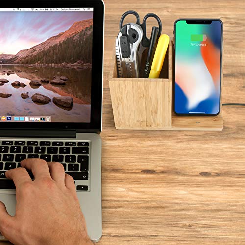 Veelink Bamboo Wireless Charger with Organizer Wood Wireless Charging Station iPhone SE 2020/11/Xs MAX/XR/XS/X/8/8, Samsung S20/S10/S9/S8/Note 10(Standard)