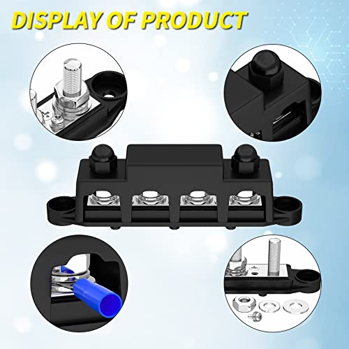 Joinfworld 250A 12V Bus Bar 3/8" Power Distribution Block 4 Studs Junction Block Automotive Marine Battery Busbar Terminal Block with Cover 12 Volt Negative&Positive
