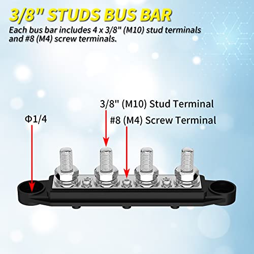 Joinfworld 250A 12V Bus Bar 3/8" Power Distribution Block 4 Studs Junction Block Automotive Marine Battery Busbar Terminal Block with Cover 12 Volt Negative&Positive
