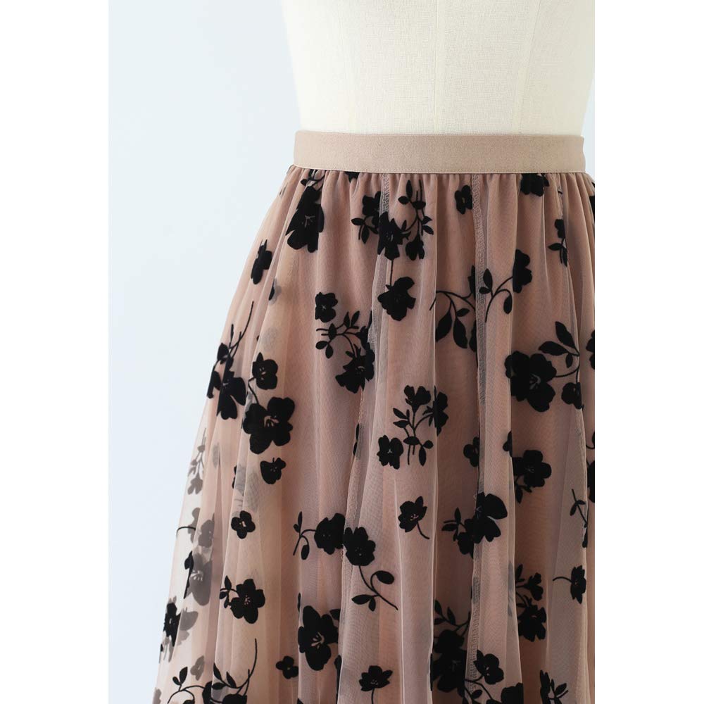 CHICWISH Women's Caramel 3D Posy Double-Layered Mesh Midi Skirt, Size L-XL