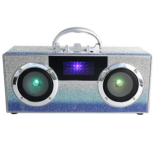 Wireless Express - Mini Boombox with LED Speakers – Retro Bluetooth Speaker w/Enhanced FM Radio - Perfect for Home and Outdoor (Blue Bling)