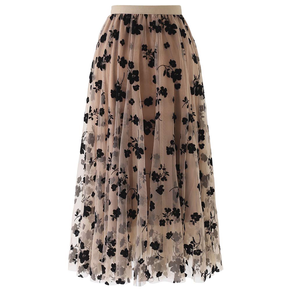 CHICWISH Women's Caramel 3D Posy Double-Layered Mesh Midi Skirt, Size L-XL