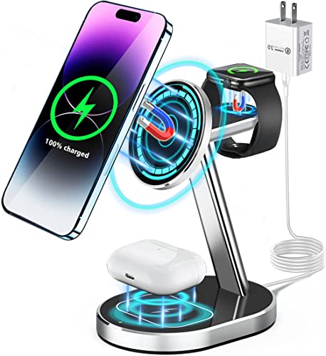 Aluminum Alloy 3 in 1 Magnetic Wireless Charging Station,Fast Wireless Charging Compatible with Magsafe Charger Stand for iPhone 14 13 12 Pro/Pro Max/Mini/14 Plus,Apple Watch 8 7 SE 6 5 4 3 2,Airpods