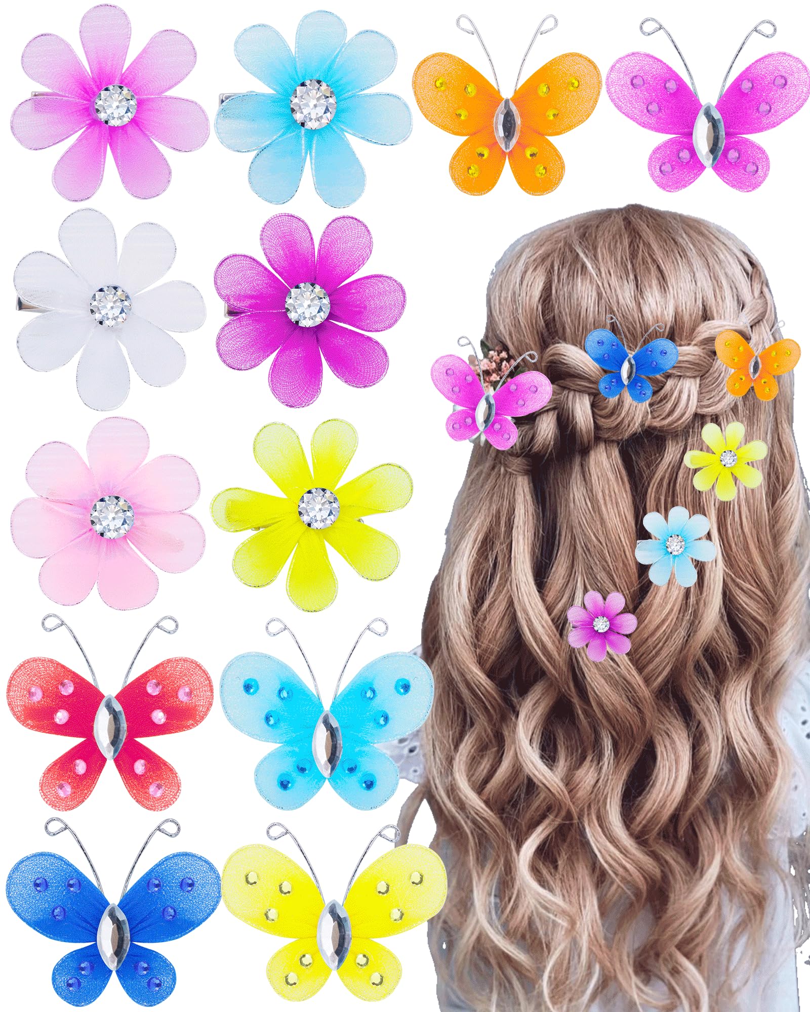 PinkSheep Hair Clip, Butterfly Flower Hair Accessory for Little Girl, 12PCS Tulle Mesh Hair Bows Colorful Flower Hair Pins Barrettes, for Toddler Baby Girls