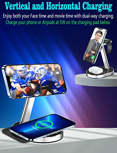 Aluminum Alloy 3 in 1 Magnetic Wireless Charging Station,Fast Wireless Charging Compatible with Magsafe Charger Stand for iPhone 14 13 12 Pro/Pro Max/Mini/14 Plus,Apple Watch 8 7 SE 6 5 4 3 2,Airpods
