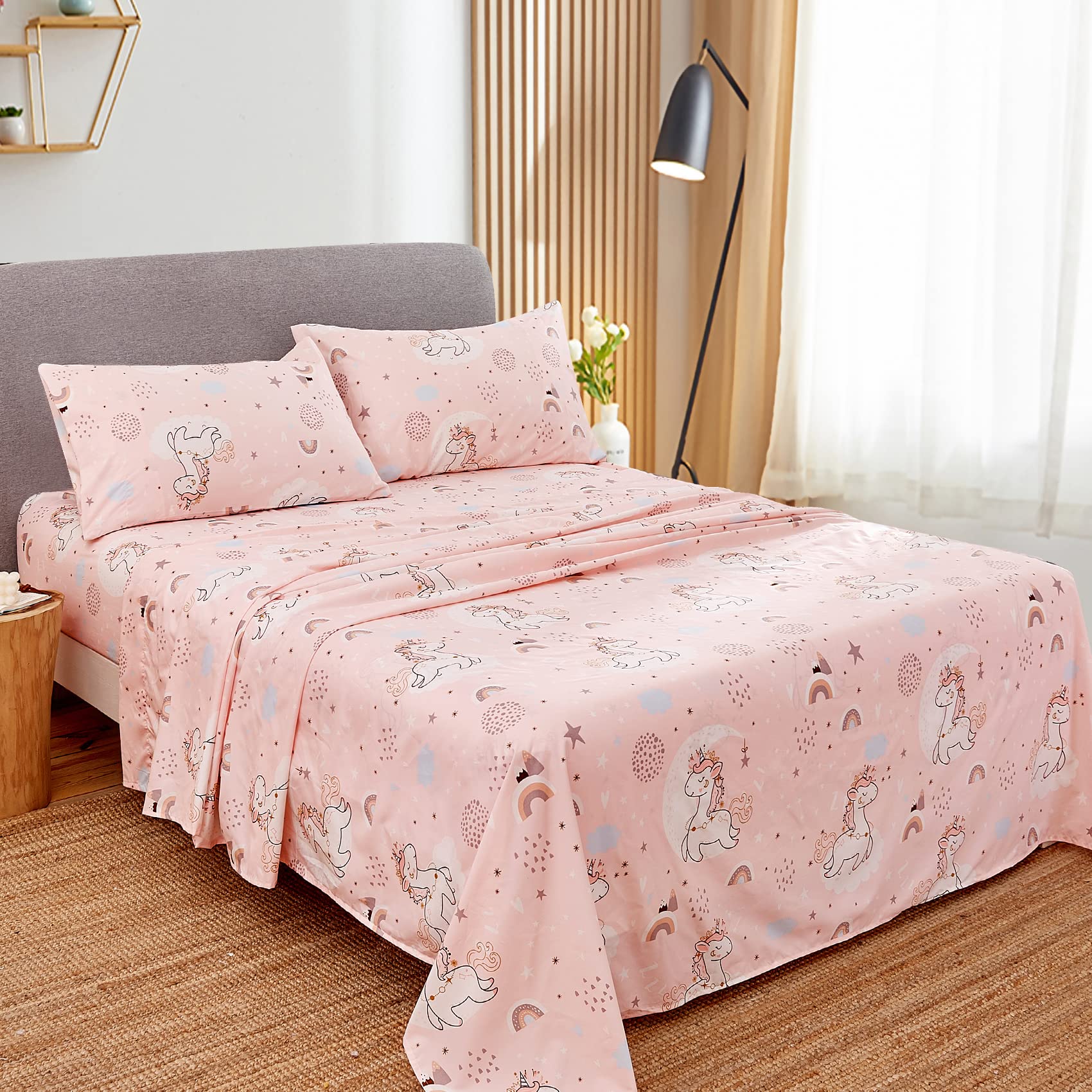 JSD Pink Unicorn Kids Sheet Set Twin Size, 3 Piece Girls Rainbow Printed Microfiber Bed Sheets Deep Pocket