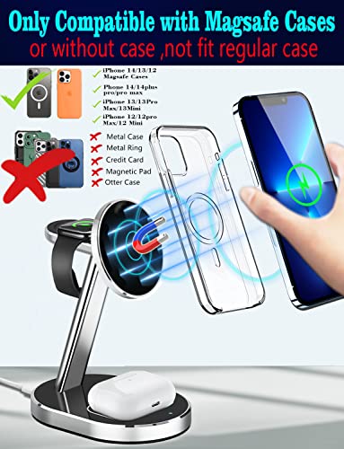 Aluminum Alloy 3 in 1 Magnetic Wireless Charging Station,Fast Wireless Charging Compatible with Magsafe Charger Stand for iPhone 14 13 12 Pro/Pro Max/Mini/14 Plus,Apple Watch 8 7 SE 6 5 4 3 2,Airpods