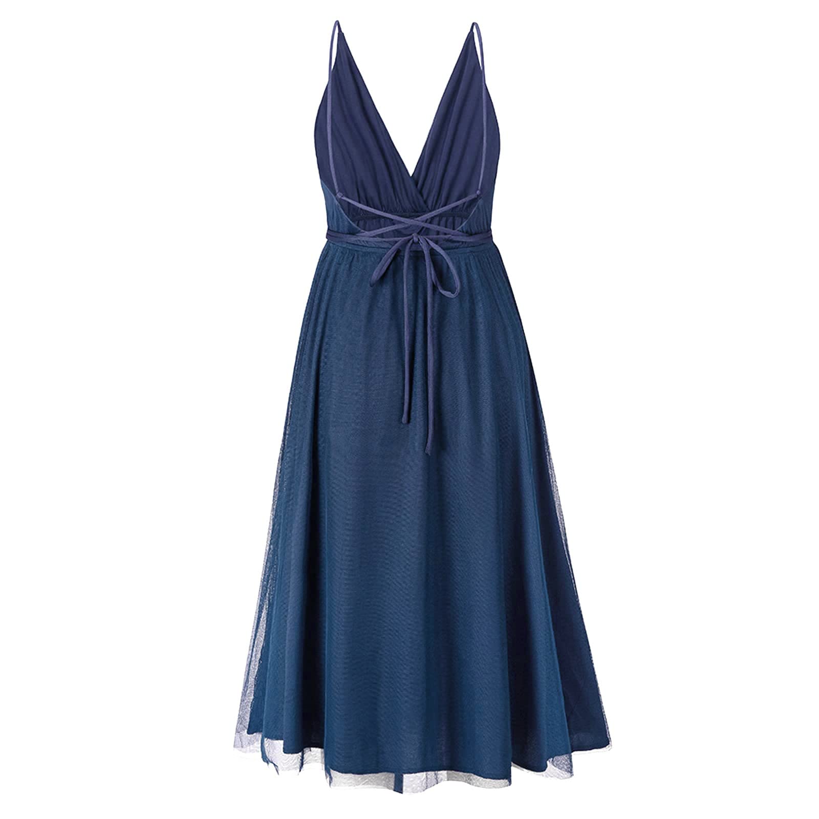 Women Deep V Neck Tulle Dress Spaghetti Strap Backless Party Wedding Cocktail Midi Dress Ladies Dresses Sleeves Dark Blue