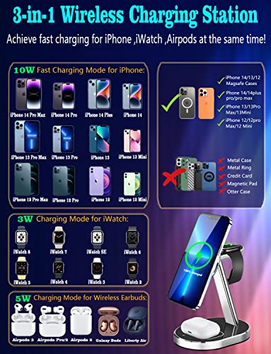 Aluminum Alloy 3 in 1 Magnetic Wireless Charging Station,Fast Wireless Charging Compatible with Magsafe Charger Stand for iPhone 14 13 12 Pro/Pro Max/Mini/14 Plus,Apple Watch 8 7 SE 6 5 4 3 2,Airpods