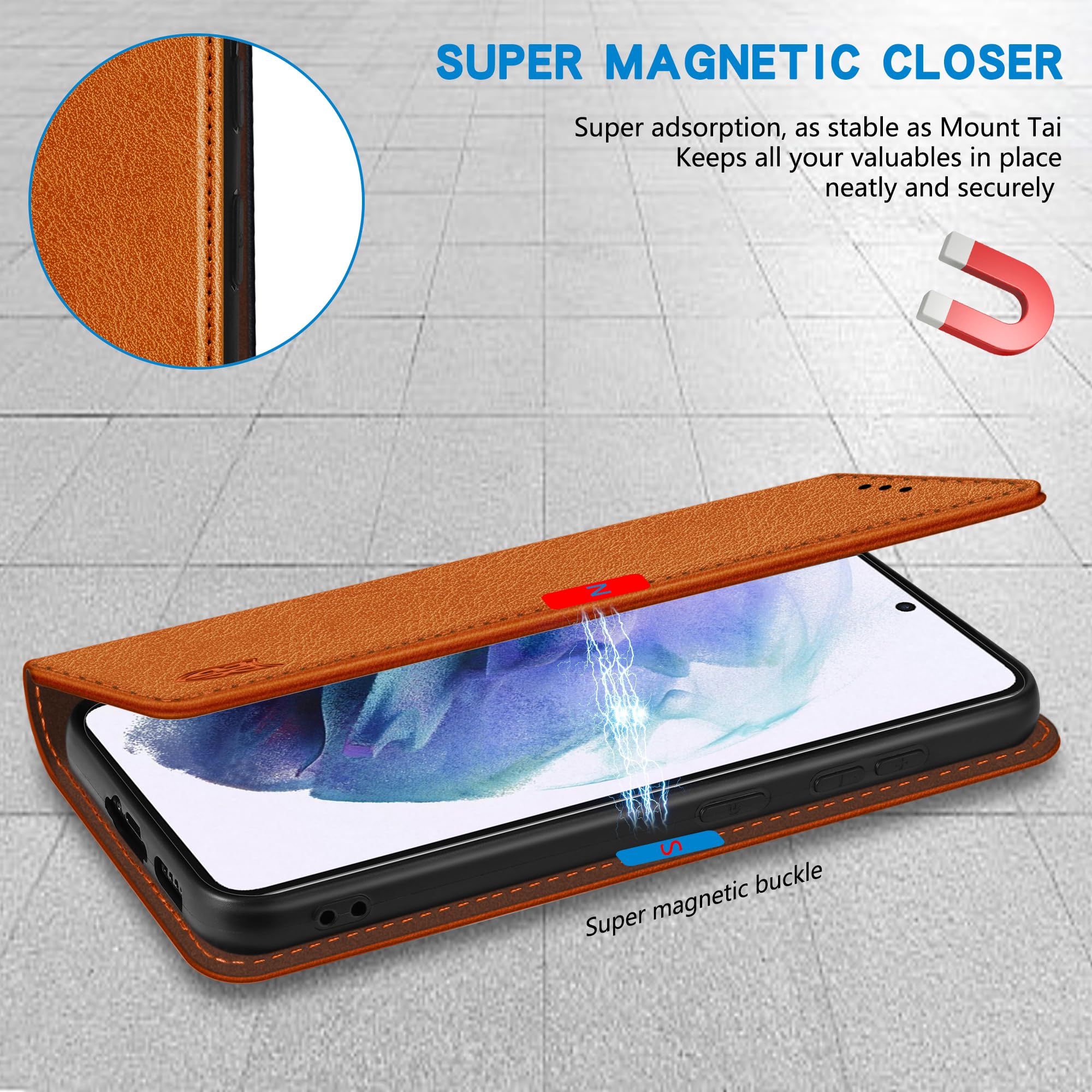 ZZXX for Samsung Galaxy S21 Wallet Case with [RFID Blocking] Card Slot Stand Strong Magnetic Leather Flip Fold Protective Phone Case for Samsung Galaxy S21 Case Wallet(Brown-6.2 inch)