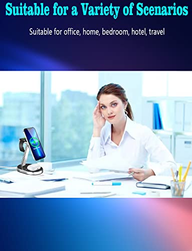 Aluminum Alloy 3 in 1 Magnetic Wireless Charging Station,Fast Wireless Charging Compatible with Magsafe Charger Stand for iPhone 14 13 12 Pro/Pro Max/Mini/14 Plus,Apple Watch 8 7 SE 6 5 4 3 2,Airpods
