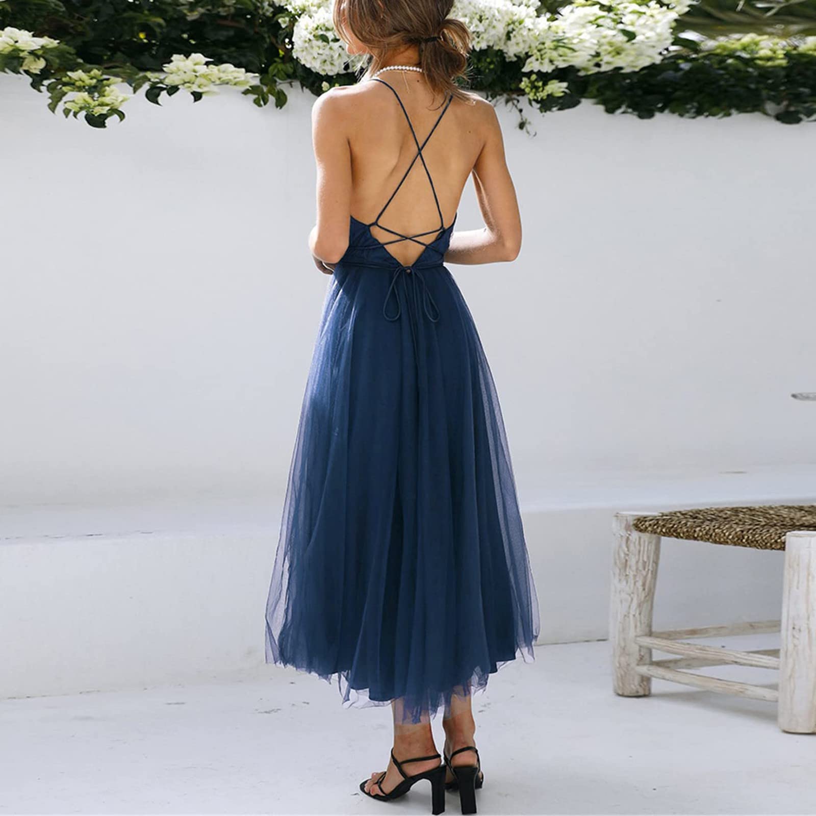 Women Deep V Neck Tulle Dress Spaghetti Strap Backless Party Wedding Cocktail Midi Dress Ladies Dresses Sleeves Dark Blue