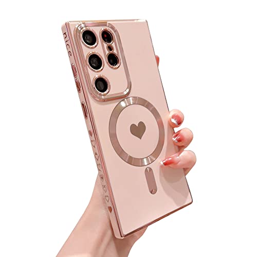 VANIPUFF Magnetic Phone Case for Samsung Galaxy S22 Ultra 5g [Compatible with MagSafe] Luxury Plating Cute Heart Pattern Soft Silicone Protective Shockproof Cover for Galaxy S22 Ultra 6.8” (Pink)