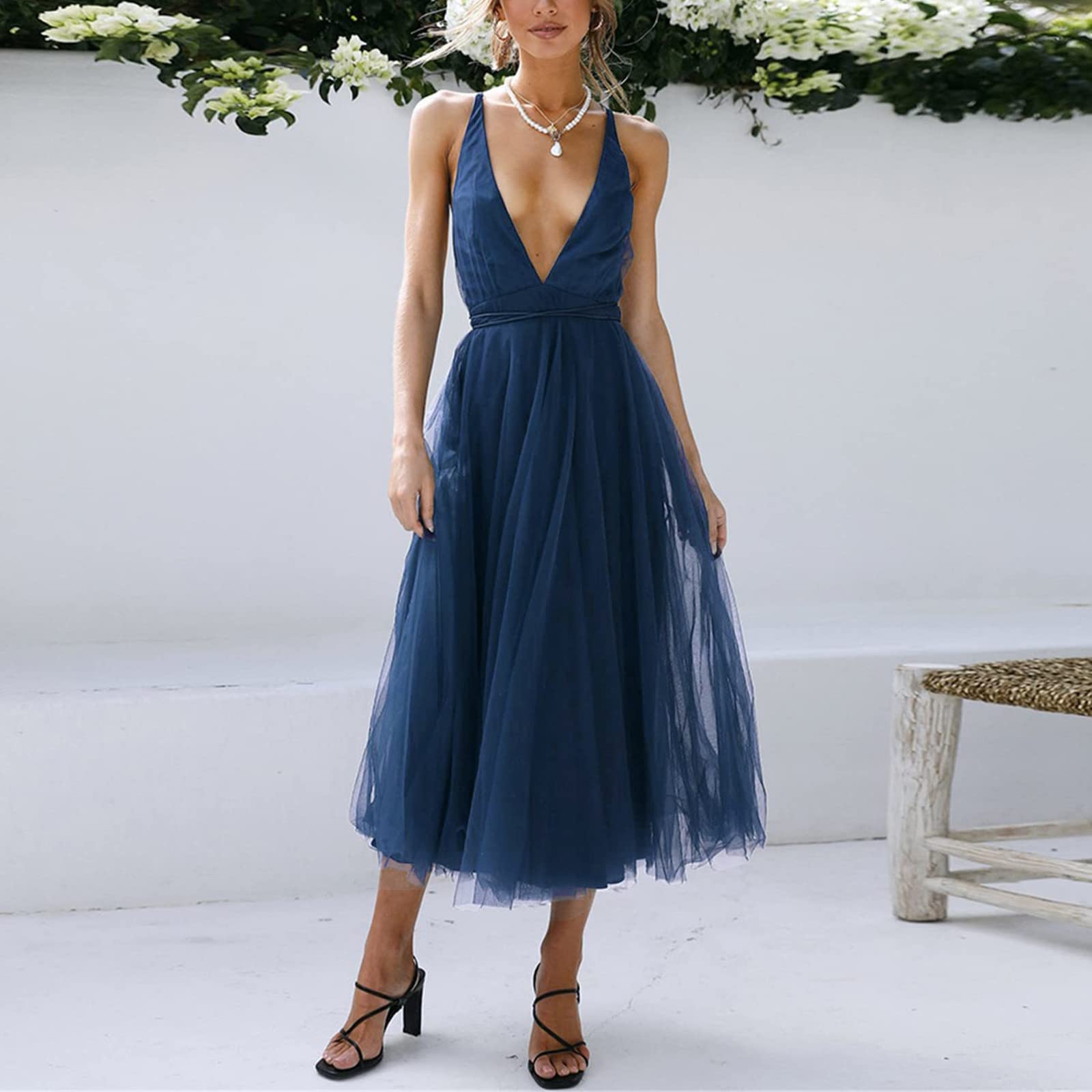 Women Deep V Neck Tulle Dress Spaghetti Strap Backless Party Wedding Cocktail Midi Dress Ladies Dresses Sleeves Dark Blue