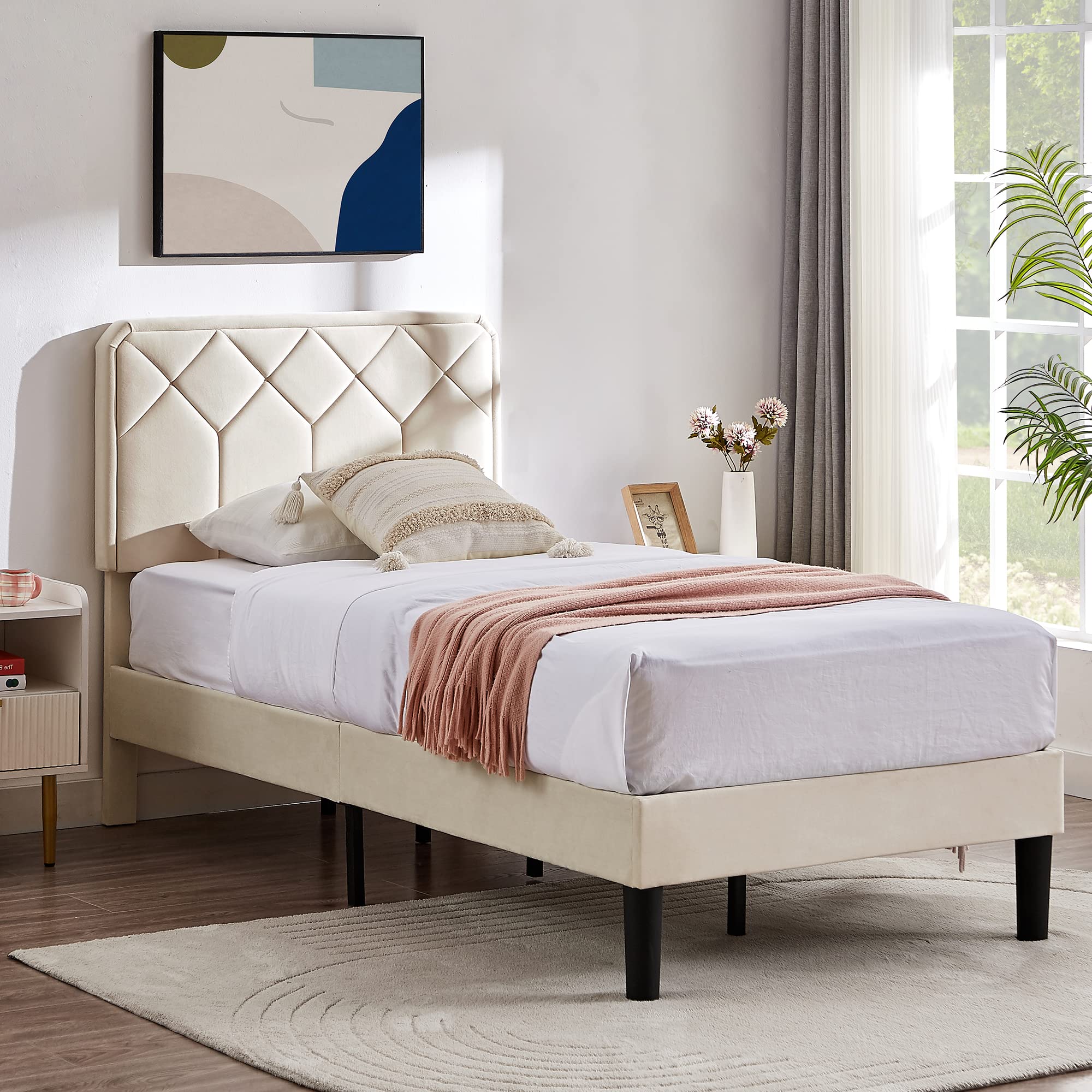 VECELO Twin Size Bed Frame Premium Leather Upholstered Platform with Height Adjustable Headboard/Mattress Foundation, Solid Wooden Slat Support, No Box Spring Needed/Easy Assembly