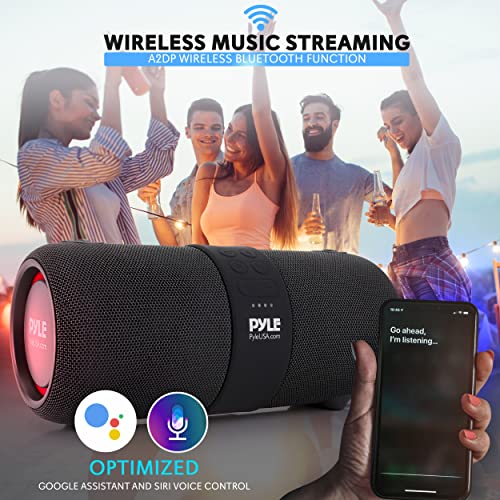 PyleUsa Wireless Portable Bluetooth Boombox Speaker - 2Ch Waterproof Rechargeable Fabric Stereo Speaker w/Google Assistant/Siri Voice Control, TWS Function, USB FM Radio, RGB Lights -PSBWP9BK (Black)