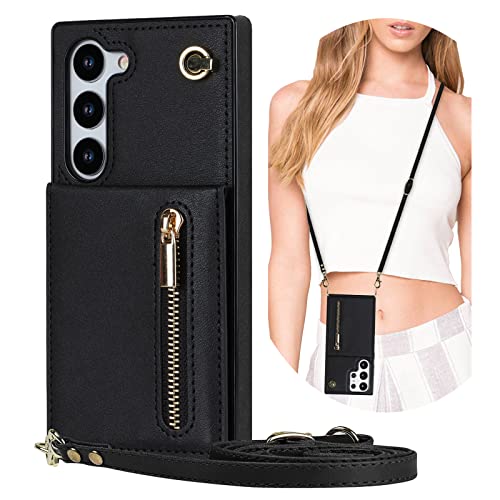Tncavo Crossbody Wallet Case for Samsung Galaxy S23 Ultra for Women, RFID Blocking Card Holder PU Leather Zipper Handbag Purse Phone Cover with Lanyard Strap for Samsung Galaxy S23 Ultra XKL Black