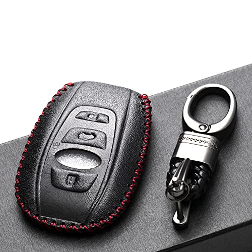 Vitodeco Leather Keyless Remote Smart Key Fob Case Cover with a Key Chain Compatible for Subaru Forester, Impreza, Outback, WRX, BRZ, XV Crosstrek, Ascent 2014 - 2023 (4-Button, Black/Red)