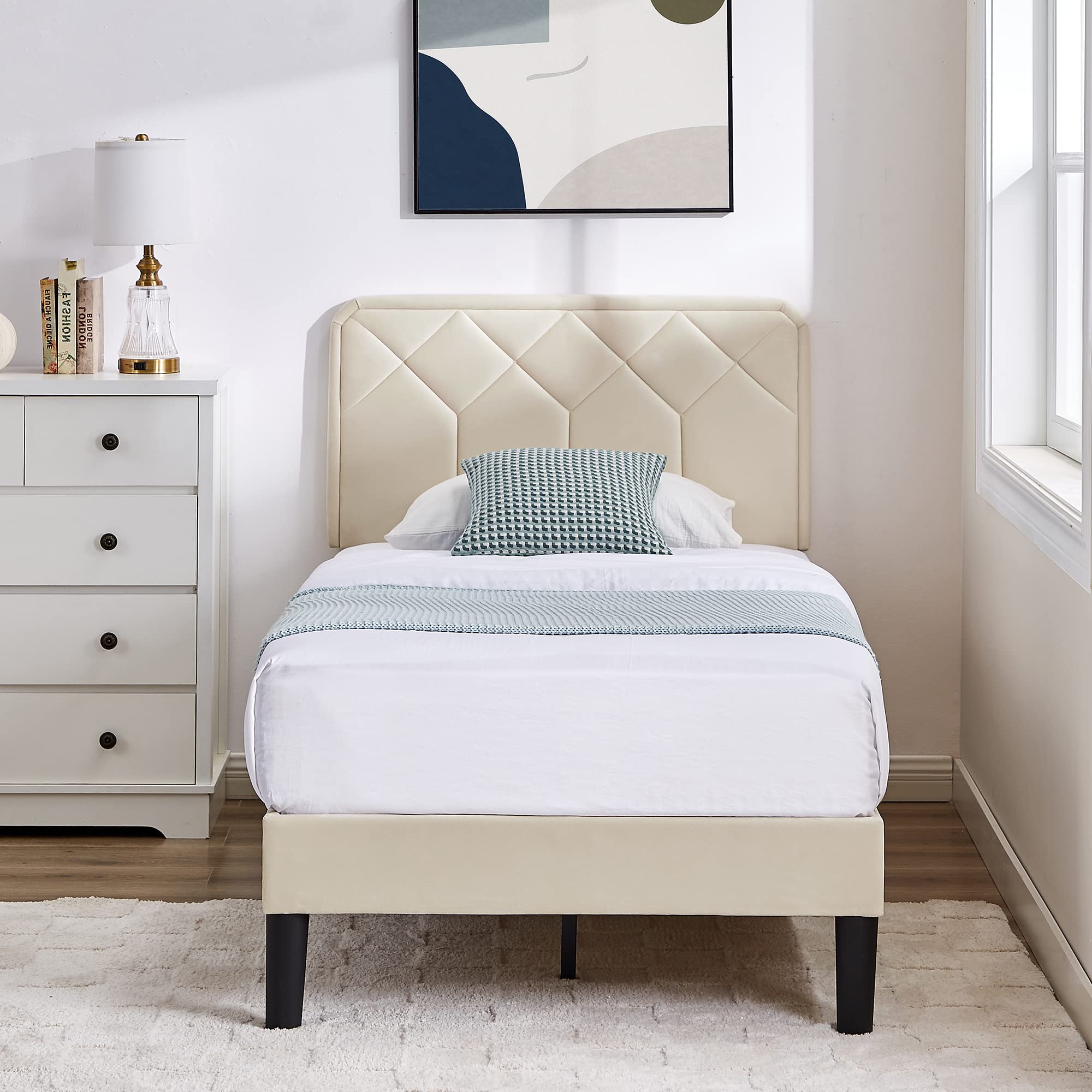 VECELO Twin Size Bed Frame Premium Leather Upholstered Platform with Height Adjustable Headboard/Mattress Foundation, Solid Wooden Slat Support, No Box Spring Needed/Easy Assembly