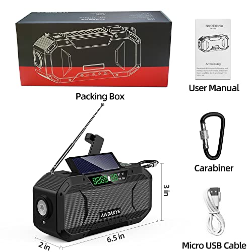 5000mAh Emergency Weather Radio with Bluetooth Speaker, Waterproof Hand Crank Digital NOAA AM FM Weather Radio, Solar Radio with Flashlight, Cell Phone Charger, Compass, Camping Survival Gear