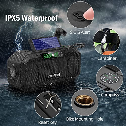 5000mAh Emergency Weather Radio with Bluetooth Speaker, Waterproof Hand Crank Digital NOAA AM FM Weather Radio, Solar Radio with Flashlight, Cell Phone Charger, Compass, Camping Survival Gear